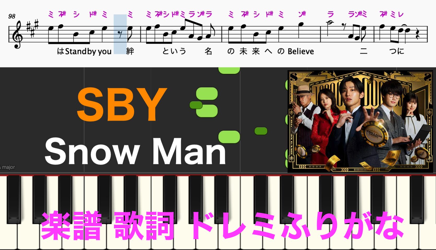 SBY Snow Man 映画『劇場版 トリリオンゲーム』主題歌 目黒蓮主演 ピアノ楽譜 歌詞 ドレミ音符ふりがな読み方譜表付き 簡単 演奏 メロディー楽譜 楽器練習用 ピアノ/オカリナ ...